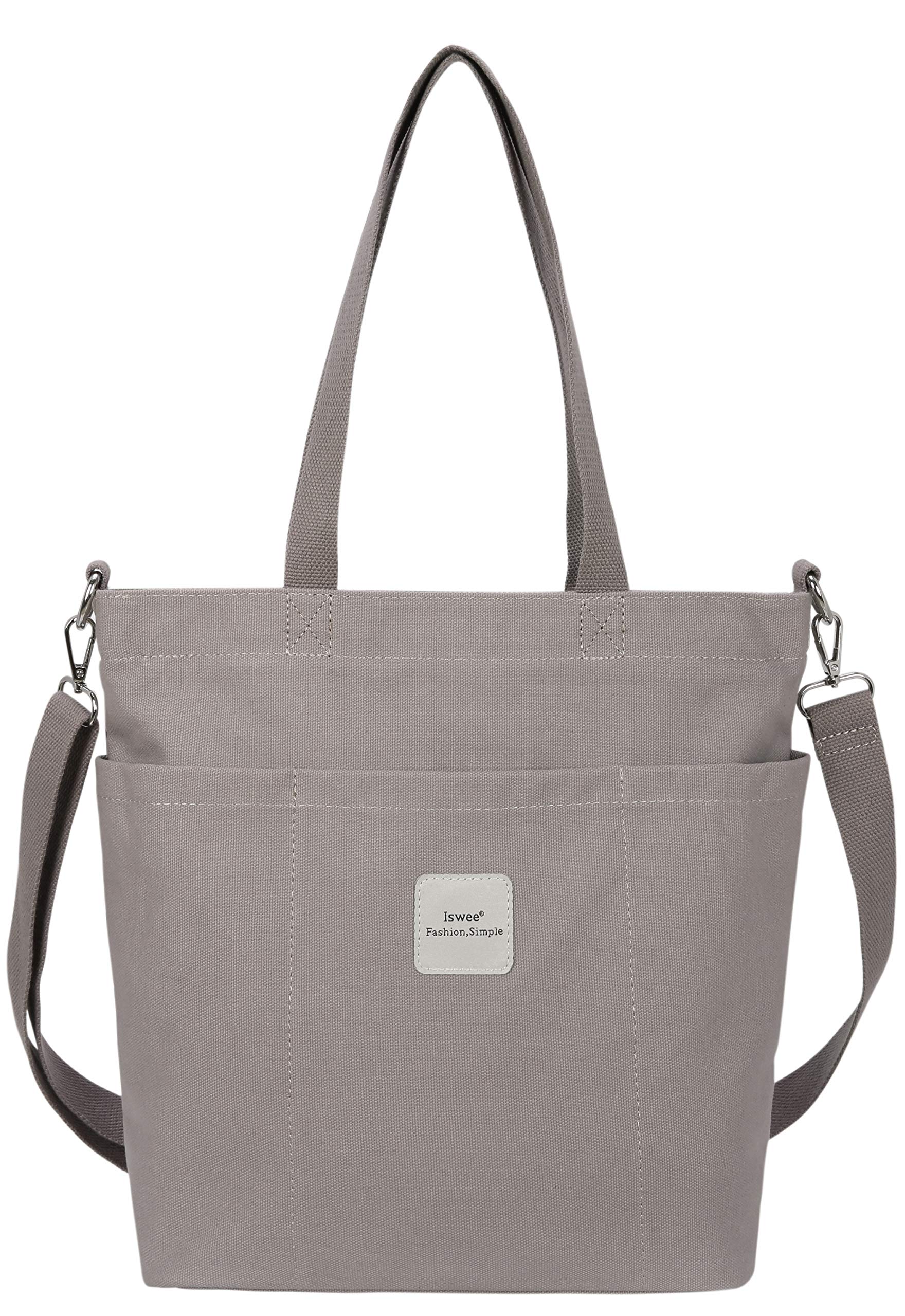 Iswee Canvas Tote Bag with Zipper Multi Pockets Tote Purse for Women Fashion Crossbody Tote Shoulder Bag Handbag Everyday Bag(Grey)