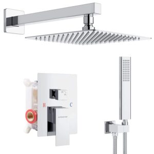 embather shower system chrome shower faucet sets with 12" rain shower head for bathroom, wall mounted square shower combo set with adjustable handheld bracket (contain rough-in valve & trim)