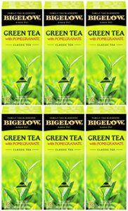 bigelow green tea with pomegranate 28-count boxes (pack of 6) premium green tea with pomegranate rosehips hibiscus antioxidant-rich all natural medium-caffeine tea in foil-wrapped bags