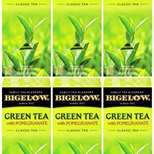 Bigelow Green Tea with Pomegranate 28-Count Boxes (Pack of 6) Premium Green Tea with Pomegranate Rosehips Hibiscus Antioxidant-Rich All Natural Medium-Caffeine Tea in Foil-Wrapped Bags