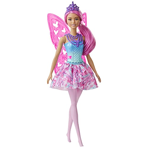 Barbie Dreamtopia Fairy Doll, 12-Inch, with Pink and Blue Jewel Theme, Pink Hair and Wings, Gift for 3 to 7 Year Olds, multi