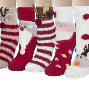 Loritta 5 Pairs Womens Fuzzy Socks Winter Warm Cozy Fluffy Super Soft Slipper Socks,D3-Christmas Animals