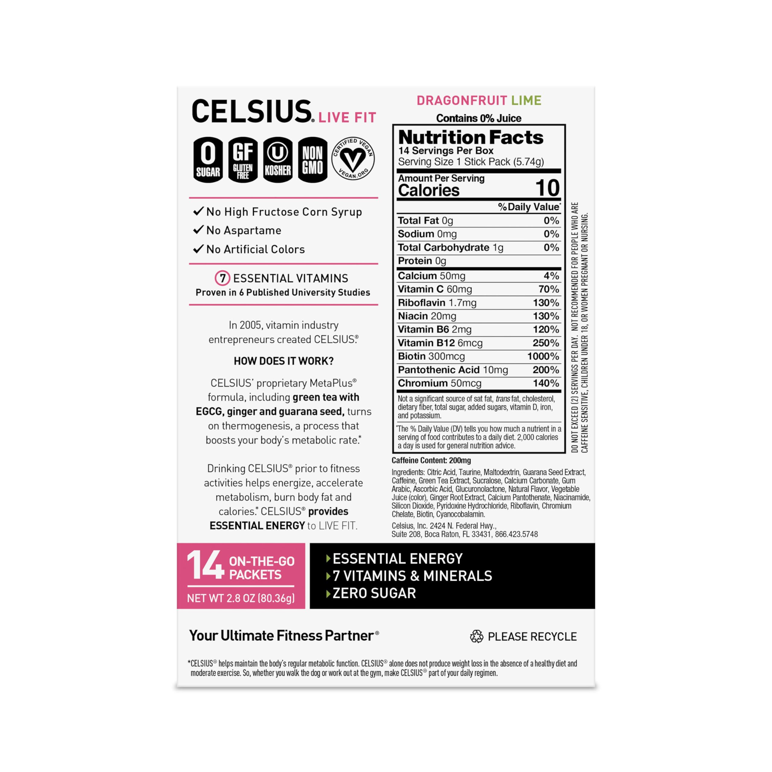 CELSIUS® On-the-Go Powder Sticks Dragonfruit Lime, Essential Energy 2.8 Oz (14 Sticks per Pack)