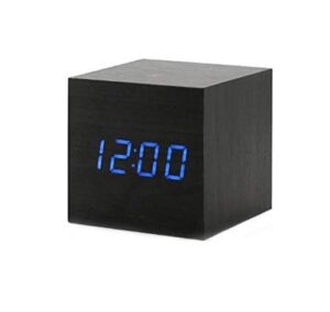 threeh wooden digital alarm clock,cube little clock with led temperature time calendar display,sound control,snooze mode,usb/battery powered clock for home office ac10 black_blue