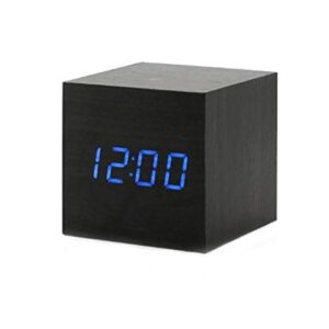 ThreeH Wooden Digital Alarm Clock,Cube Little Clock with LED Temperature Time Calendar Display,Sound Control,Snooze Mode,USB/Battery Powered Clock for Home Office AC10 Black_Blue