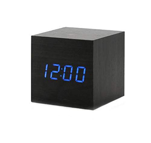 ThreeH Wooden Digital Alarm Clock,Cube Little Clock with LED Temperature Time Calendar Display,Sound Control,Snooze Mode,USB/Battery Powered Clock for Home Office AC10 Black_Blue