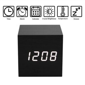 ThreeH Wooden Digital Alarm Clock,Cube Little Clock with LED Temperature Time Calendar Display,Sound Control,Snooze Mode,USB/Battery Powered Clock for Home Office AC10 Black_Blue