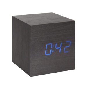 ThreeH Wooden Digital Alarm Clock,Cube Little Clock with LED Temperature Time Calendar Display,Sound Control,Snooze Mode,USB/Battery Powered Clock for Home Office AC10 Black_Blue