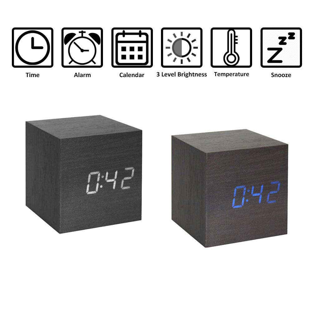 ThreeH Wooden Digital Alarm Clock,Cube Little Clock with LED Temperature Time Calendar Display,Sound Control,Snooze Mode,USB/Battery Powered Clock for Home Office AC10 Black_Blue