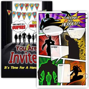 ukebobo 30 superhero birthday party invitations with envelopes - double sided- comic book style superhero party invites - superhero party supplies