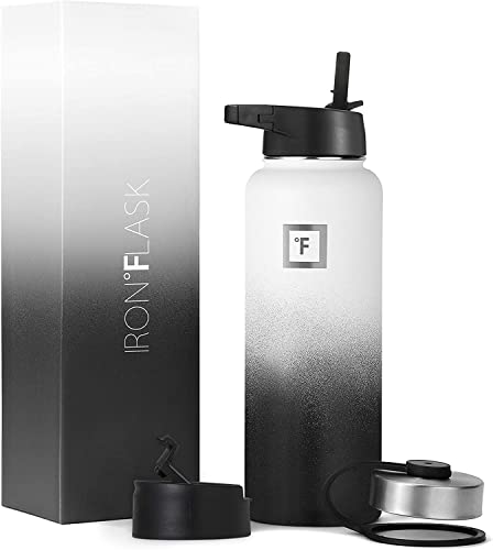 IRON °FLASK Sports Water Bottle - Wide Mouth with 3 Straw Lids - Stainless Steel Gym & Outdoor Bottles for Men, Women & Kids - Double Walled, Insulated Thermos, Metal Canteen - Day & Night, 40 Oz