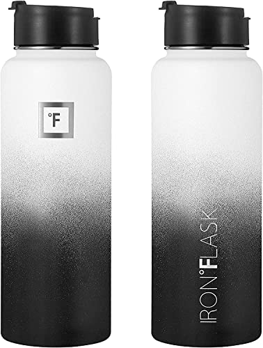 IRON °FLASK Sports Water Bottle - Wide Mouth with 3 Straw Lids - Stainless Steel Gym & Outdoor Bottles for Men, Women & Kids - Double Walled, Insulated Thermos, Metal Canteen - Day & Night, 40 Oz