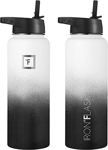 IRON °FLASK Sports Water Bottle - Wide Mouth with 3 Straw Lids - Stainless Steel Gym & Outdoor Bottles for Men, Women & Kids - Double Walled, Insulated Thermos, Metal Canteen - Day & Night, 40 Oz