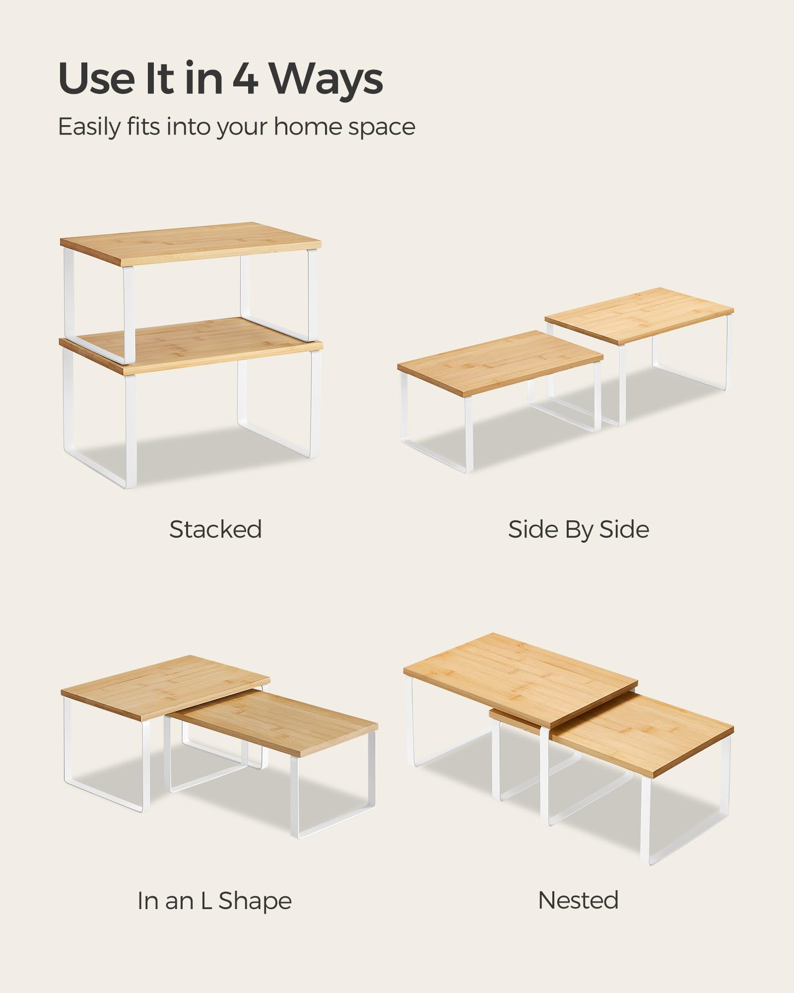 SONGMICS Cabinet Organizer Shelf, Set of 2 Kitchen Counter Shelves, Kitchen Storage, Spice Rack, Stackable, Expandable, Metal and Engineered Wood, Cloud White and Natural Beige UKCS02NW