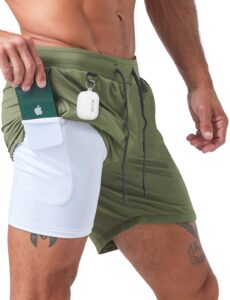 born tough 2 in 1 mens workout shorts, 7 inch inseam gym shorts, athletic shorts for bodybuilding, running with liner pocket military green