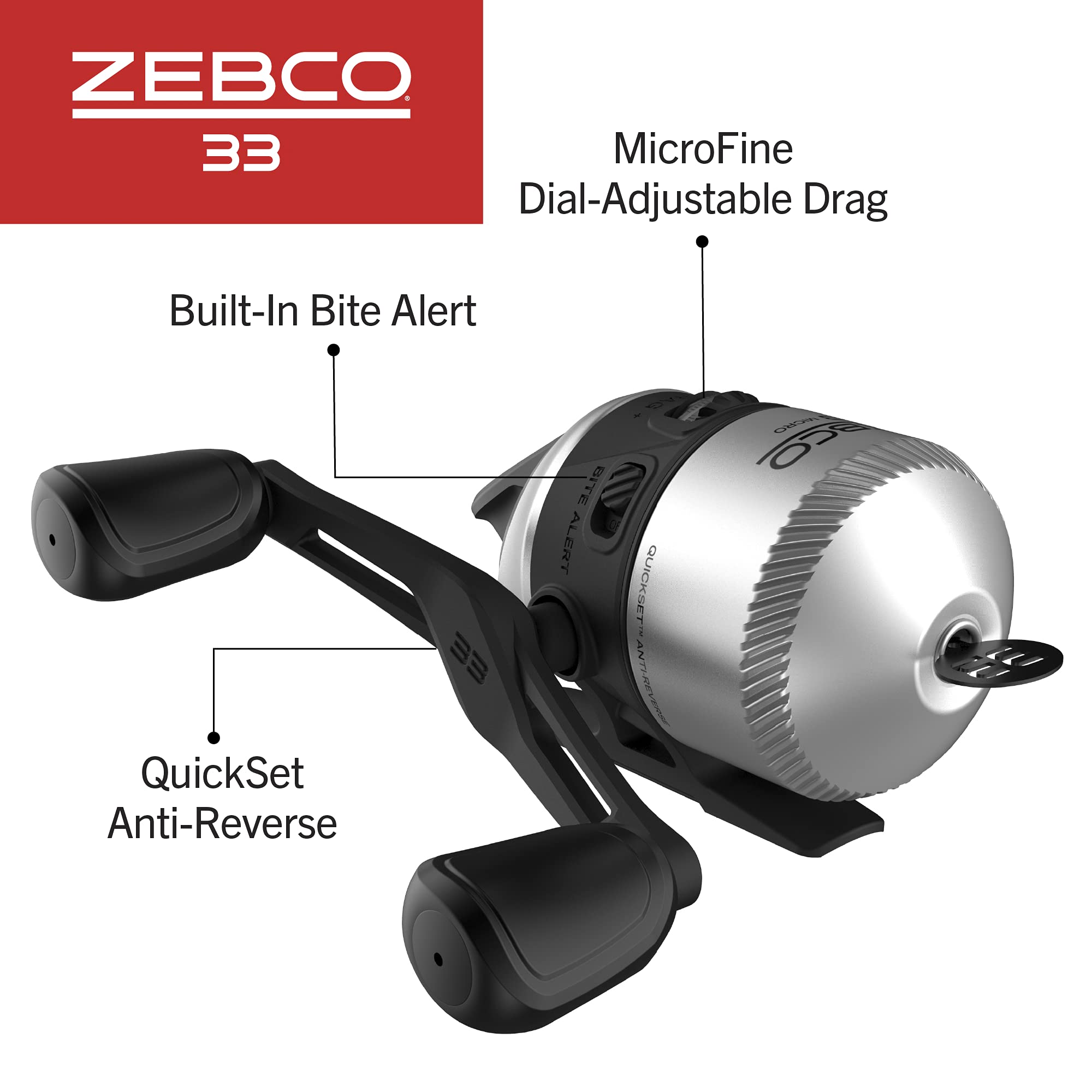 Zebco 33 Spincast Fishing Reel, Quickset Anti-Reverse with Bite Alert, Smooth Dial-Adjustable Drag, Powerful All-Metal Gears with a Lightweight Graphite Frame,Silver/Black