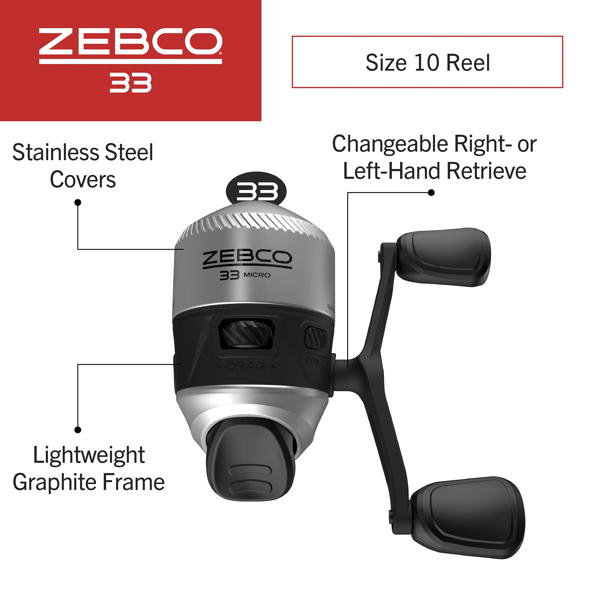 Zebco 33 Spincast Fishing Reel, Quickset Anti-Reverse with Bite Alert, Smooth Dial-Adjustable Drag, Powerful All-Metal Gears with a Lightweight Graphite Frame,Silver/Black