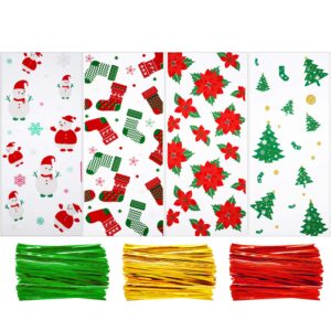 100 pieces christmas cellophane bags candy gift bags goodies treat bags with 150 pieces twist ties for christmas party packaging supplies (style 5)