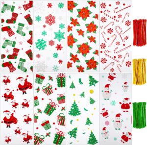 200 pieces christmas cellophane bags christmas cello treat bags candy bags cookies goody bags with 300 pieces twist ties for theme party supplies, 8 styles