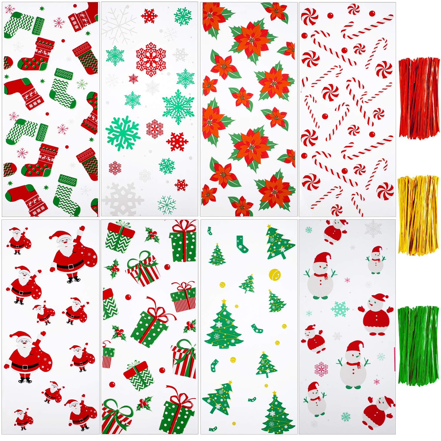 200 Pieces Christmas Cellophane Bags Christmas Cello Treat Bags Candy Bags Cookies Goody Bags with 300 Pieces Twist Ties for Theme Party Supplies, 8 Styles