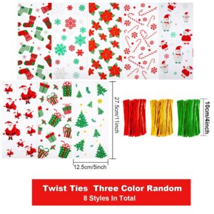 200 Pieces Christmas Cellophane Bags Christmas Cello Treat Bags Candy Bags Cookies Goody Bags with 300 Pieces Twist Ties for Theme Party Supplies, 8 Styles