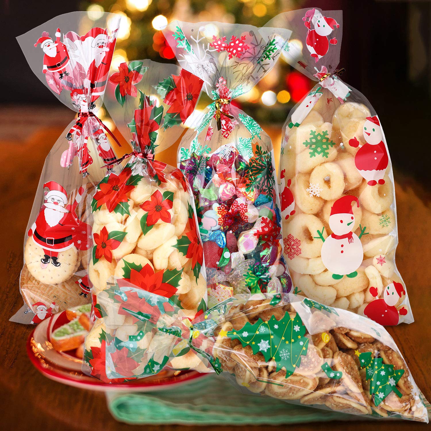 200 Pieces Christmas Cellophane Bags Christmas Cello Treat Bags Candy Bags Cookies Goody Bags with 300 Pieces Twist Ties for Theme Party Supplies, 8 Styles