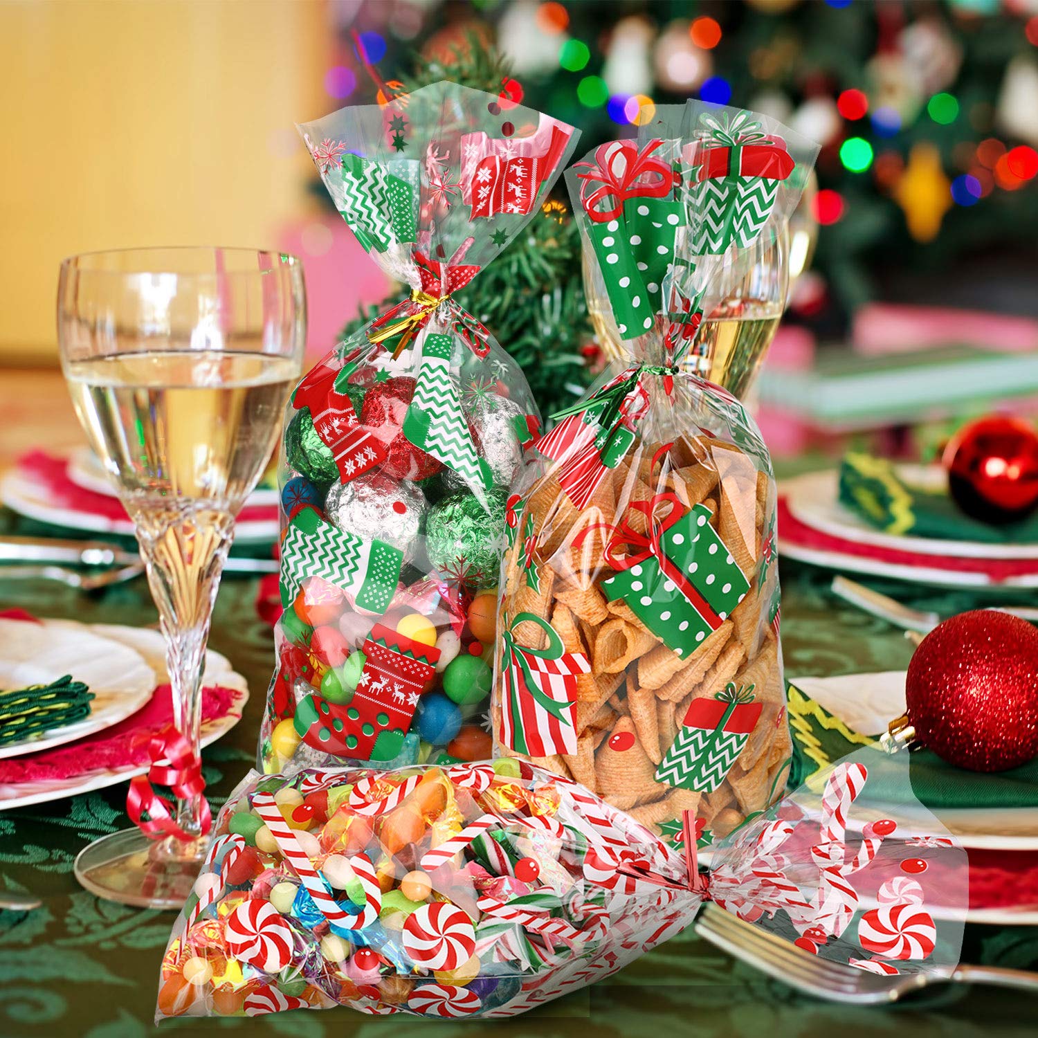 200 Pieces Christmas Cellophane Bags Christmas Cello Treat Bags Candy Bags Cookies Goody Bags with 300 Pieces Twist Ties for Theme Party Supplies, 8 Styles