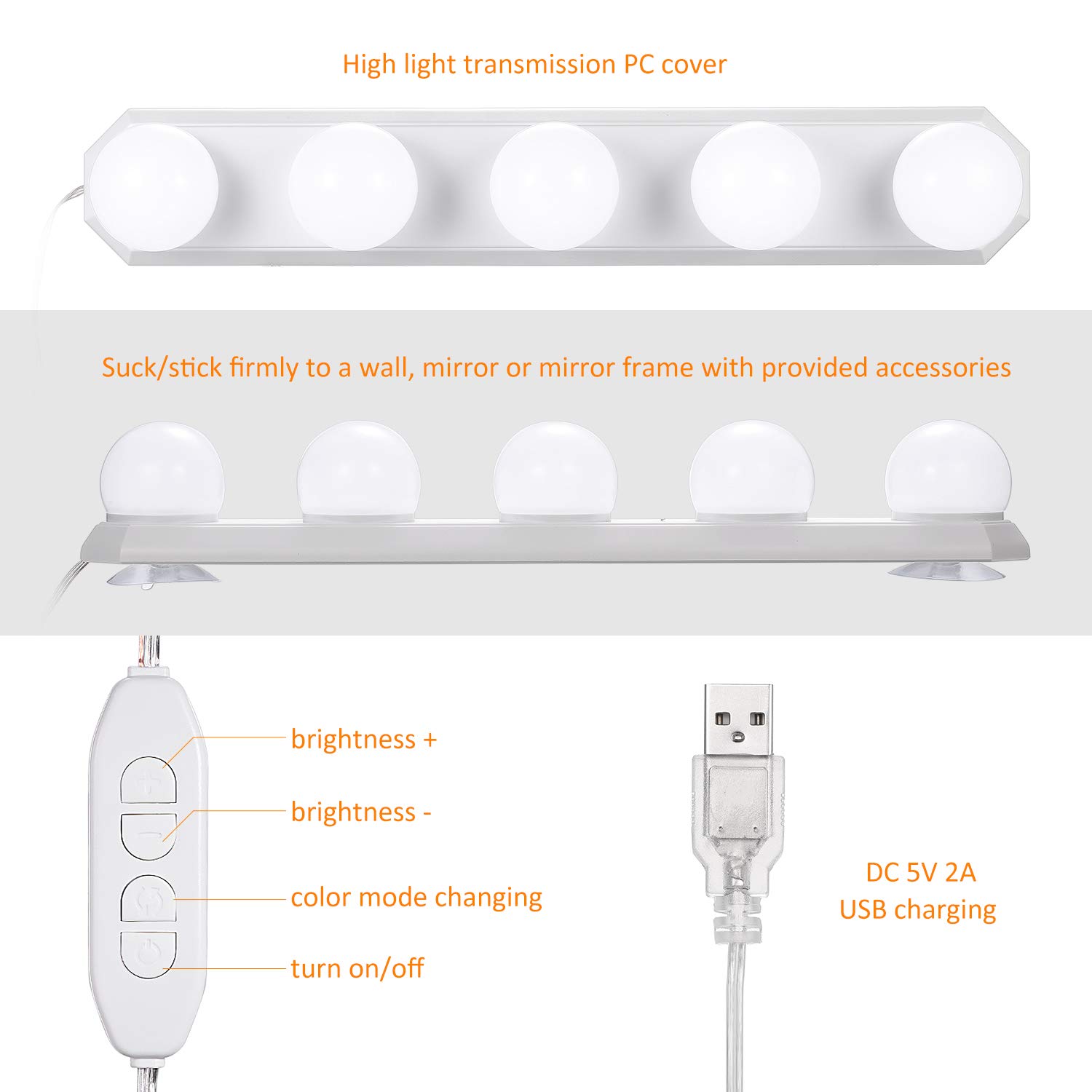 Tomshine LED Vanity Lights for Mirror 5 Bulbs 3 Color Modes Brightness Dimmable 4W USB Power Makeup Cosmetic Table Dressing Light for Bathroom Dressing Room Christmas Gift