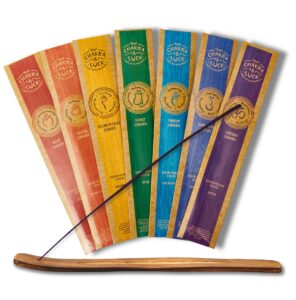 chakra & luck ultra premium natural incense sticks. 7 chakras, 49 piece variety gift pack in lotus, jasmine, eucalyptus, rose, lavender, ylang - ylang and cedar scents with a free wood stick holder