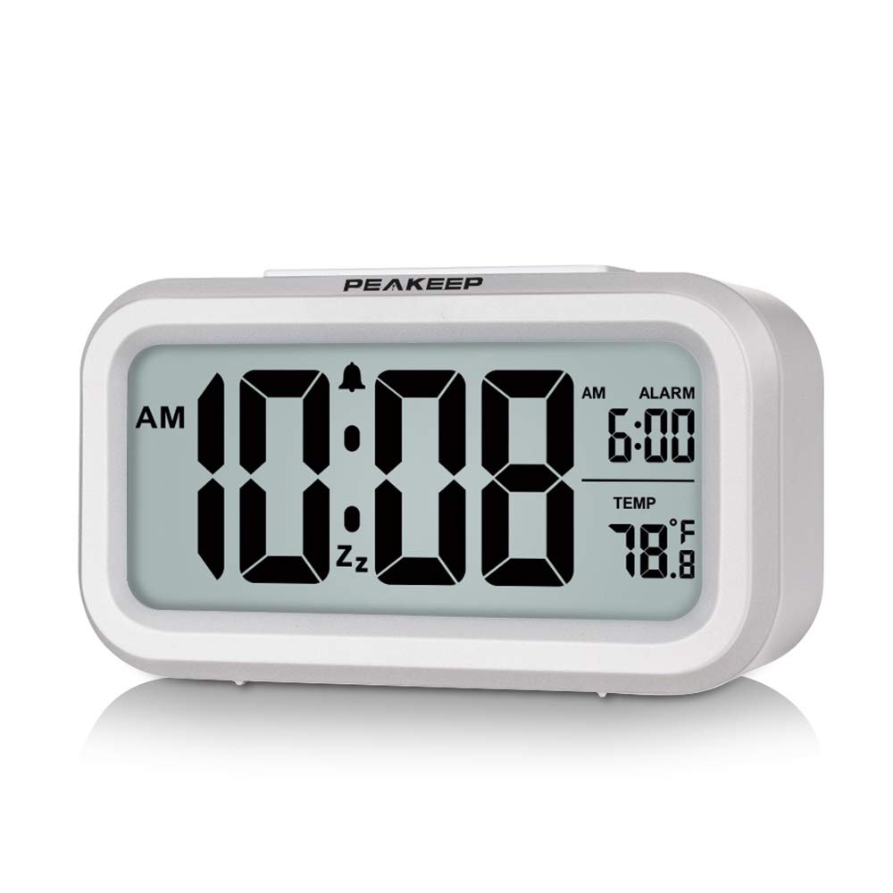 Peakeep Night Light Digital Alarm Clock Battery Operated with Indoor Temperature, Desk Small Clock (White)