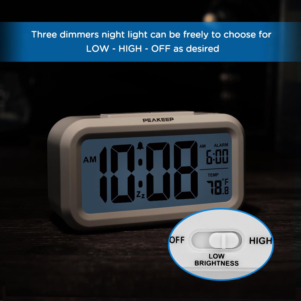 Peakeep Night Light Digital Alarm Clock Battery Operated with Indoor Temperature, Desk Small Clock (White)