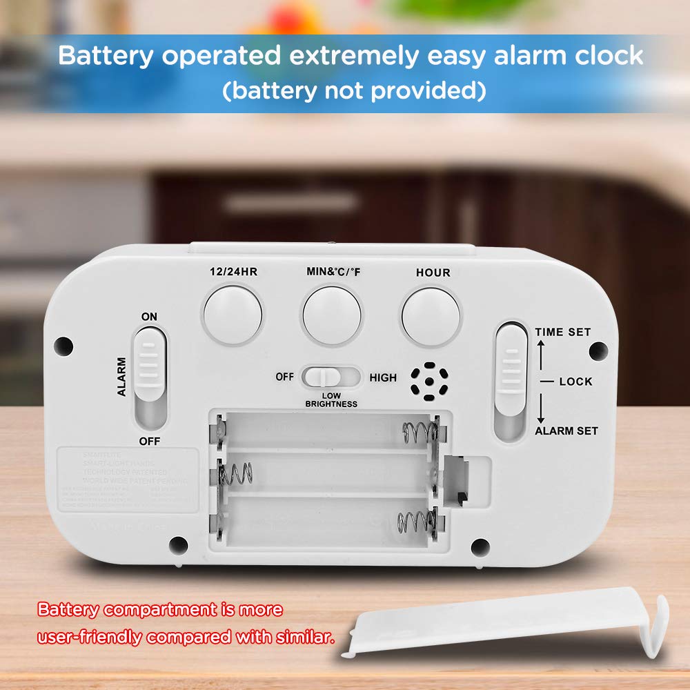 Peakeep Night Light Digital Alarm Clock Battery Operated with Indoor Temperature, Desk Small Clock (White)