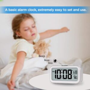 Peakeep Night Light Digital Alarm Clock Battery Operated with Indoor Temperature, Desk Small Clock (White)