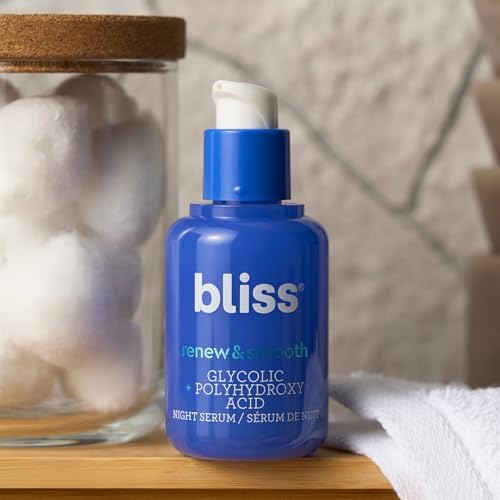 Bliss Renew & Smooth Night Face Serum- AHA Glycolic + Polyhydroxy Acid - Exfoliating, Brightens Resurfacing Dull Dry Skin, For Hydrating Radiant Glowing Skin - Vegan & Dermatologist Tested - 1 Floz