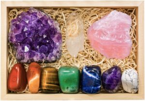 crystalya large premium crystals and healing stones in wooden gift box + 50pg ebook – 7 chakra tumbled gemstones, amethyst crystal, rose quartz, quartz crystal point, and info guide, made in u.s.a.