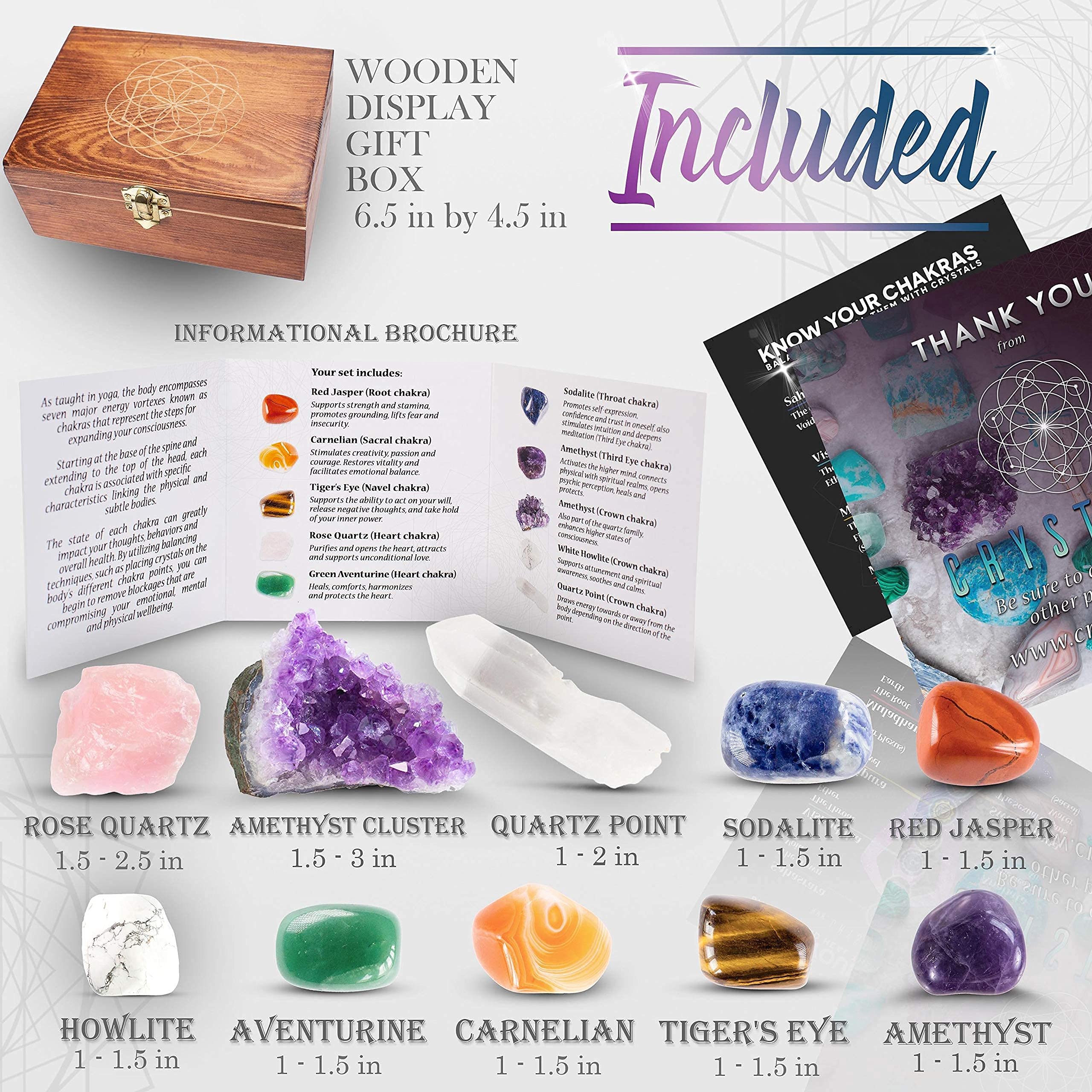 CRYSTALYA Large Premium Crystals and Healing Stones in Wooden Gift Box + 50pg EBOOK – 7 Chakra Tumbled Gemstones, Amethyst Crystal, Rose Quartz, Quartz Crystal Point, and Info Guide, Made in U.S.A.