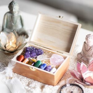 CRYSTALYA Large Premium Crystals and Healing Stones in Wooden Gift Box + 50pg EBOOK – 7 Chakra Tumbled Gemstones, Amethyst Crystal, Rose Quartz, Quartz Crystal Point, and Info Guide, Made in U.S.A.