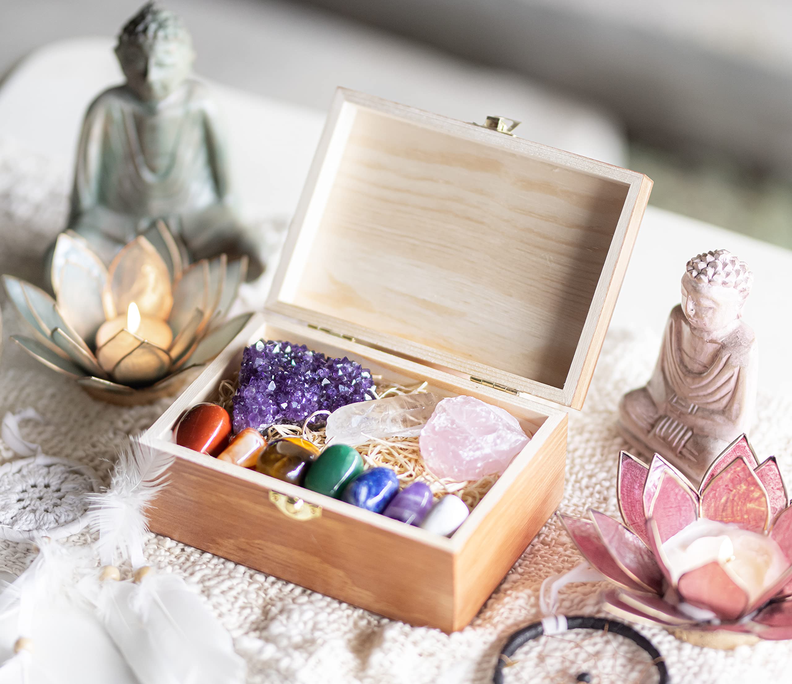 CRYSTALYA Large Premium Crystals and Healing Stones in Wooden Gift Box + 50pg EBOOK – 7 Chakra Tumbled Gemstones, Amethyst Crystal, Rose Quartz, Quartz Crystal Point, and Info Guide, Made in U.S.A.