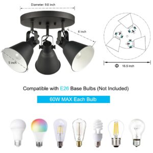 DIRYZON EUL Multi-Directional Ceiling Spot Light,Adjustable Round Track Lighting,Industrial Semi Flush Mount Ceiling Light Fixtures for Bedroom Hallway Matte Black-3 Light