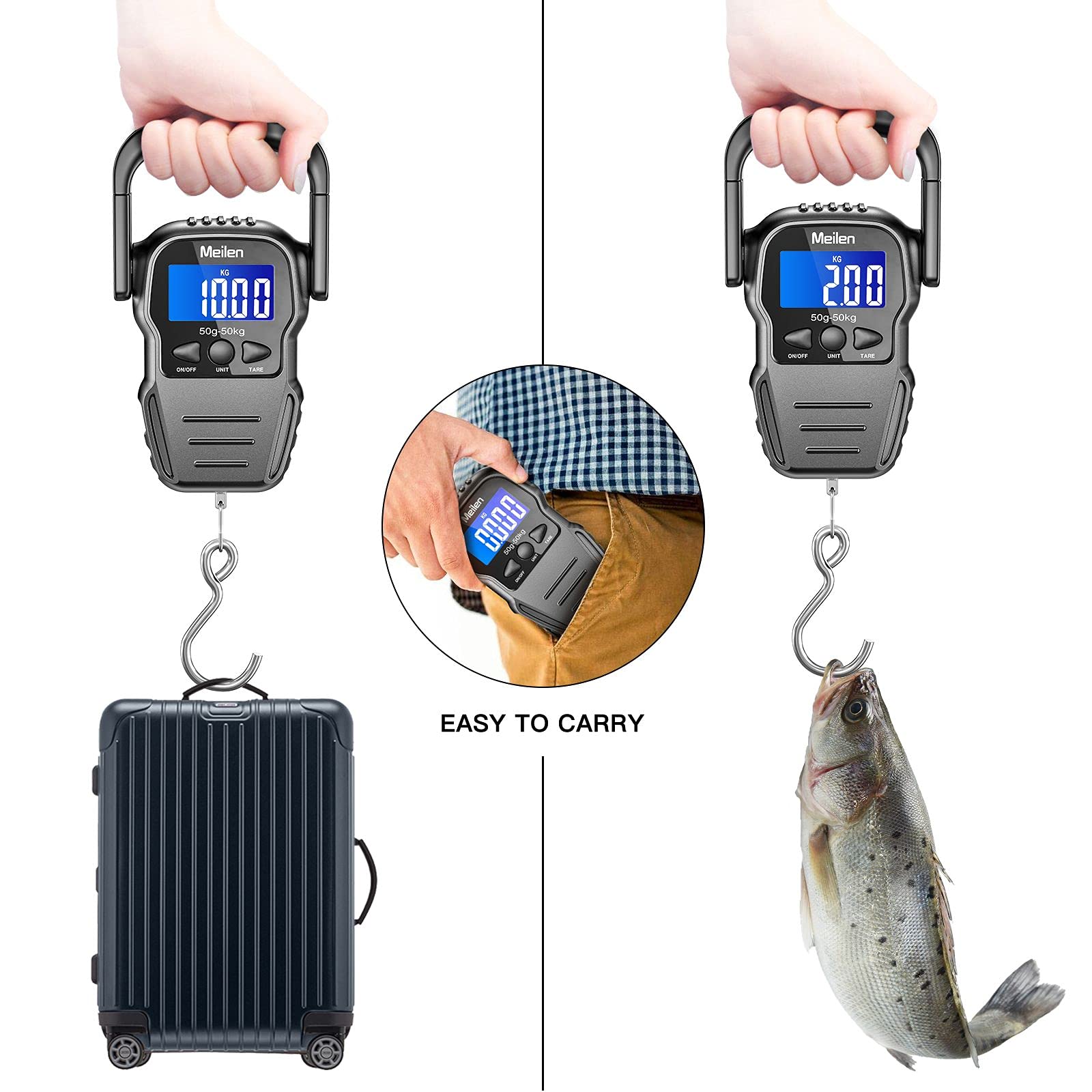 Luggage Scale, 110lb/50kg Luggage Weight Scale with Backlit LCD Display, Digital Fish Scale with Measuring Tape Portable Hanging Scale Suitcase Scale with Handle & Large Hook & 2 AAA Batties