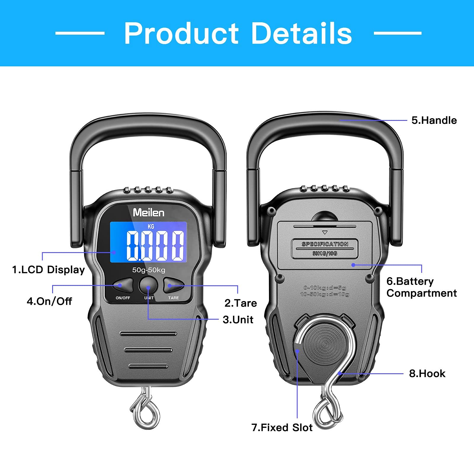 Luggage Scale, 110lb/50kg Luggage Weight Scale with Backlit LCD Display, Digital Fish Scale with Measuring Tape Portable Hanging Scale Suitcase Scale with Handle & Large Hook & 2 AAA Batties