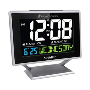 sharp desktop dual alarm clock with color display - atomic accuracy - calendar & day of week time/date display