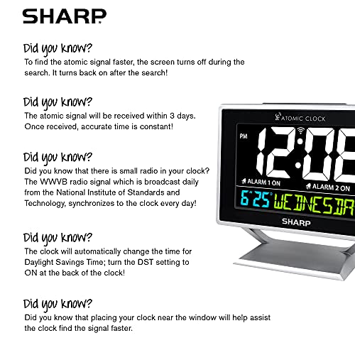 Sharp Desktop Dual Alarm Clock with Color Display - Atomic Accuracy - Calendar & Day of Week Time/Date Display