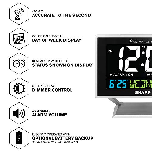 Sharp Desktop Dual Alarm Clock with Color Display - Atomic Accuracy - Calendar & Day of Week Time/Date Display