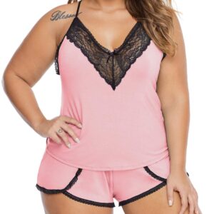 XAKALAKA Women Plus Size Pajamas Cami Shorts Set Nightwear Sexy Lace Lingerie Sleepwear Pink XXXL