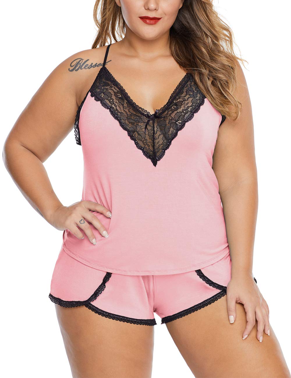 XAKALAKA Women Plus Size Pajamas Cami Shorts Set Nightwear Sexy Lace Lingerie Sleepwear Pink XXXL