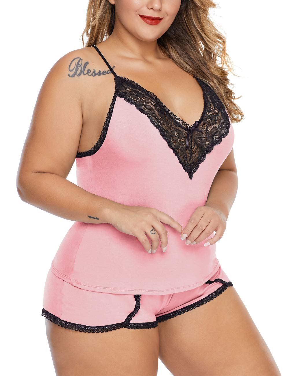 XAKALAKA Women Plus Size Pajamas Cami Shorts Set Nightwear Sexy Lace Lingerie Sleepwear Pink XXXL