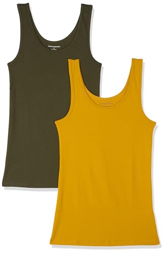 Amazon Essentials Women's Slim-Fit Tank, Pack of 2, Dark Olive/Gold, Large