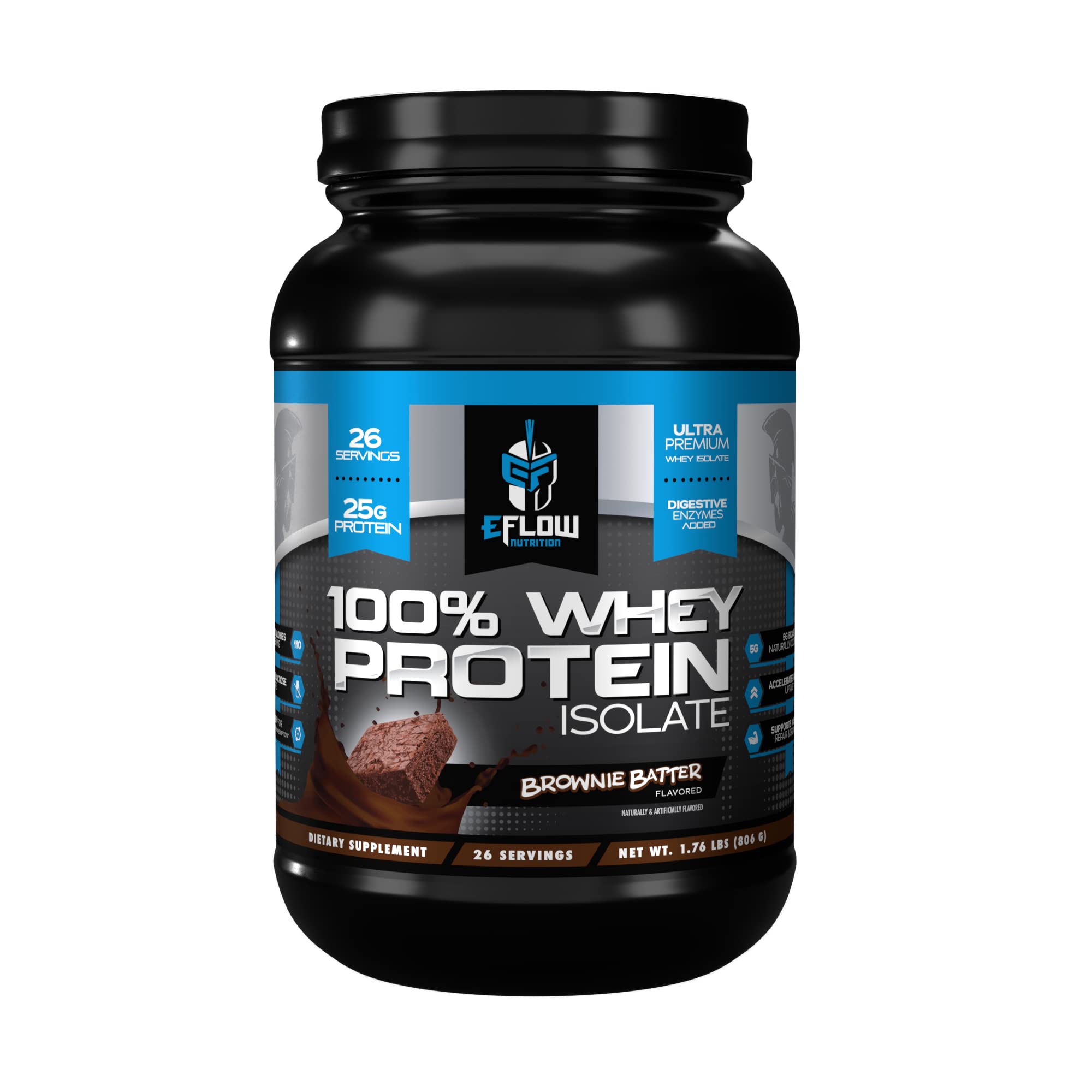 eFlow Nutrition 100% Whey Protein Isolate - Gluten & Lactose-Free Digestive Enzymes Added, Low Carb, Post Workout Shake, Fast Digesting for Optimal Muscle Recovery - Brownie Batter (26 Servings)