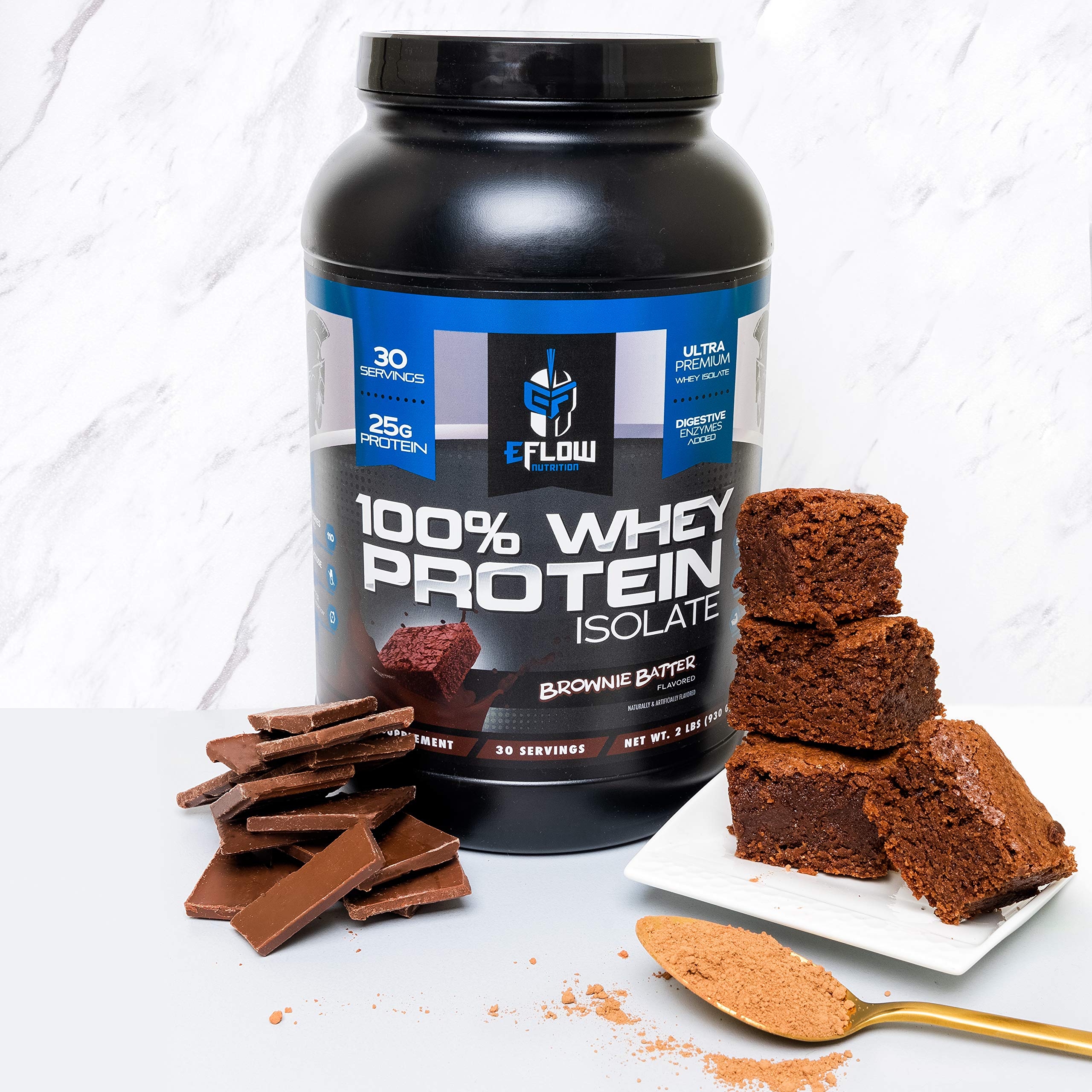 eFlow Nutrition 100% Whey Protein Isolate - Gluten & Lactose-Free Digestive Enzymes Added, Low Carb, Post Workout Shake, Fast Digesting for Optimal Muscle Recovery - Brownie Batter (26 Servings)